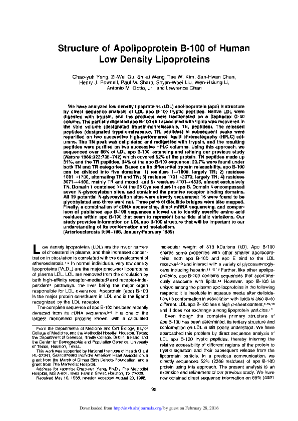 (PDF) Structure of apolipoprotein B-100 of human low density lipoproteins
