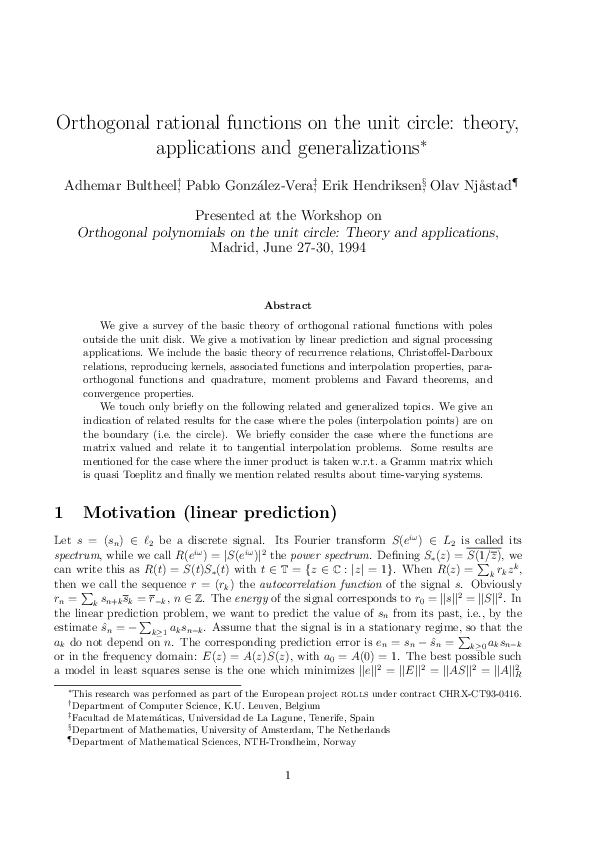 (PDF) Orthogonal rational functions on the unit circle: theory, applications and generalizations
