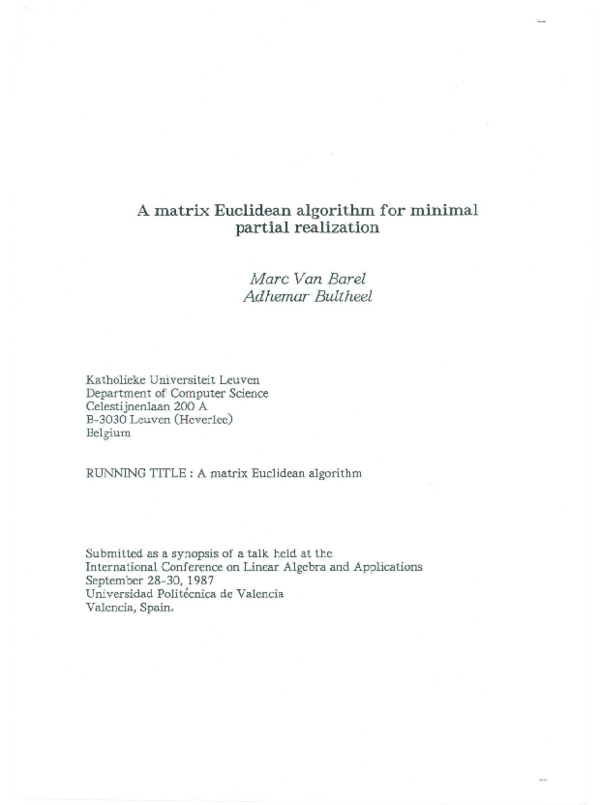 (PDF) A matrix Euclidean algorithm for minimal partial realization