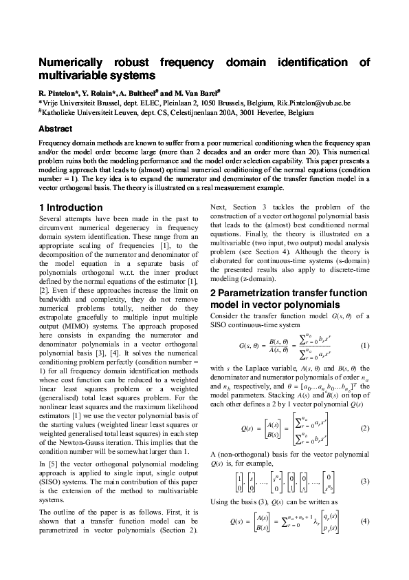 (PDF) Numerically robust frequency domain identification of multivariable systems