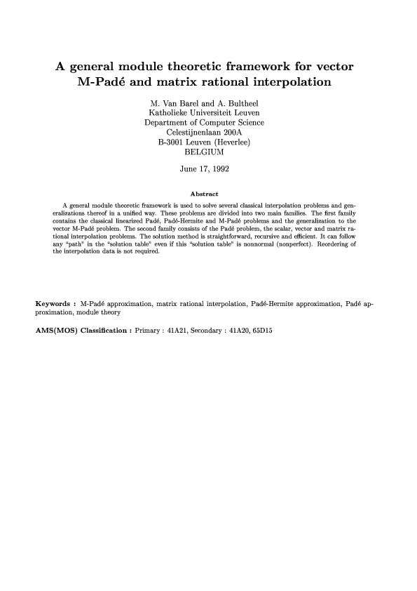 (PDF) A general module theoretic framework for vector M-Padé and matrix rational interpolation
