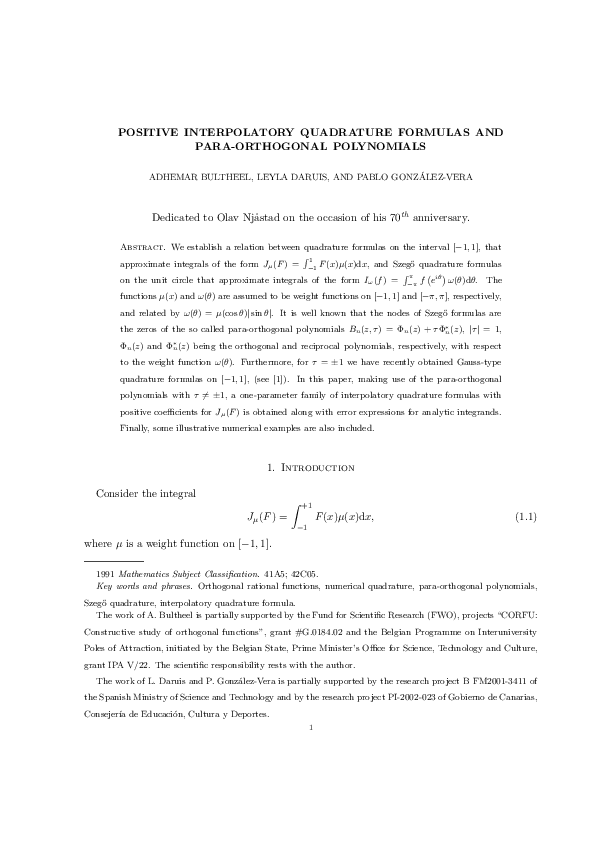 (PDF) Positive interpolatory quadrature formulas and para-orthogonal ...