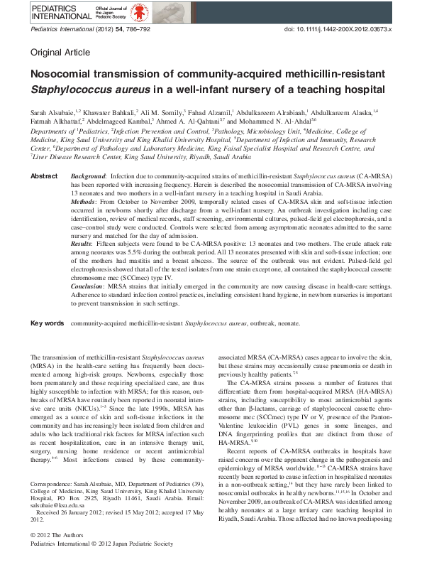 (PDF) Nosocomial transmission of community-acquired methicillin-resistant Staphylococcus aureus ...