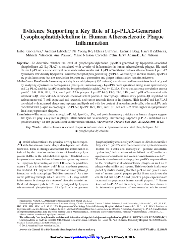 (PDF) Evidence Supporting a Key Role of Lp-PLA2-Generated ...
