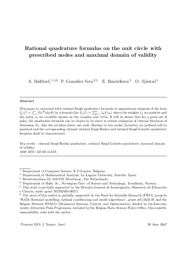 (PDF) Quadrature formulas on the unit circle with prescribed nodes and maximal domain of validity
