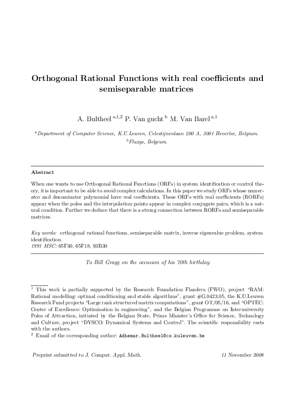 (PDF) Orthogonal Rational Functions with real coefficients and semiseparable matrices