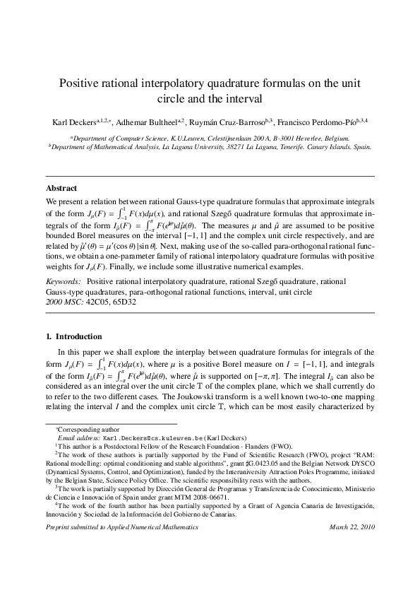 (PDF) Positive rational interpolatory quadrature formulas on the unit circle and the interval