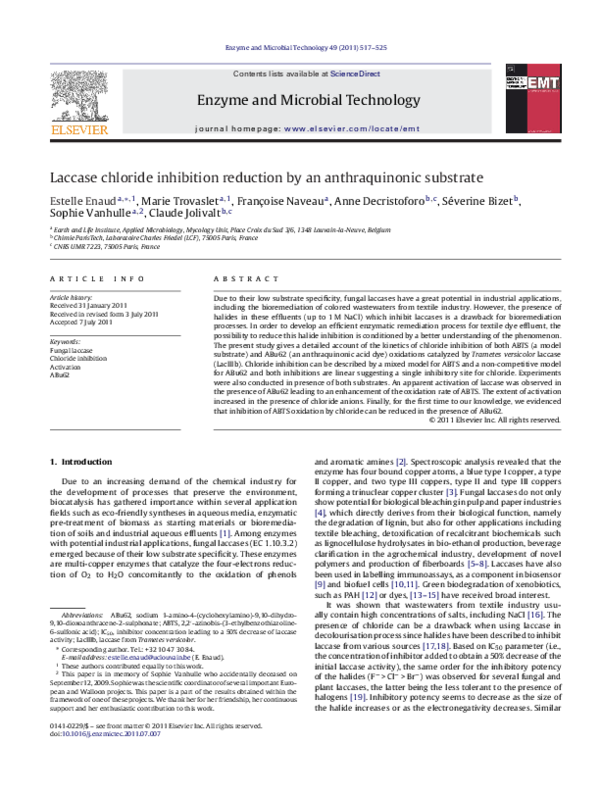 (PDF) Laccase chloride inhibition reduction by an anthraquinonic substrate