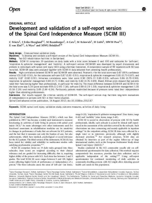 (PDF) Development and validation of a self-report version of the Spinal Cord Independence ...