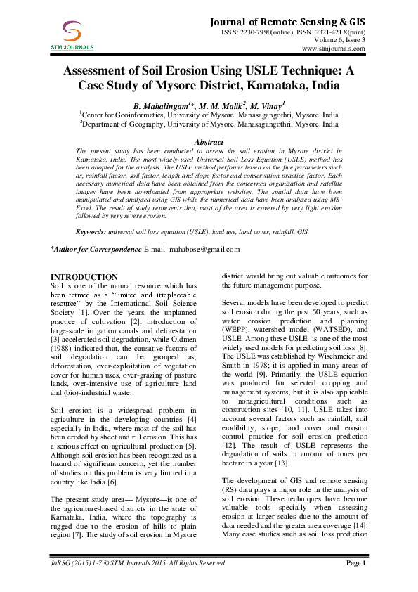Assessment of Soil Erosion Using USLE Technique: A Case Study of Mysore ...