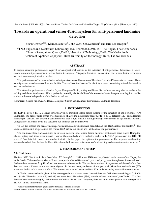 Pdf Towards An Operational Sensor Fusion System For Anti Personnel Landmine Detection
