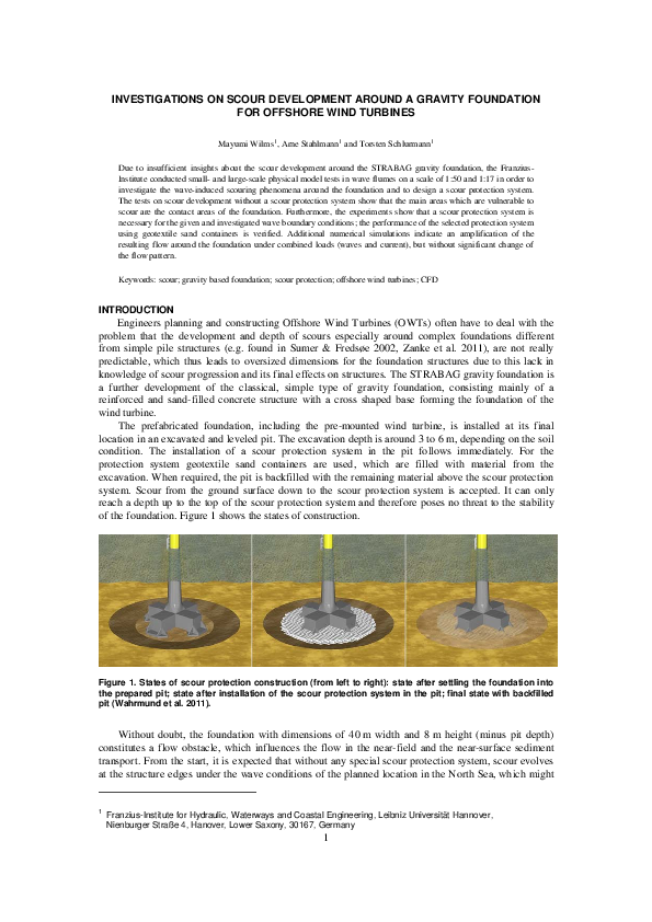 Pdf Investigations On Scour Development Around A Gravity Foundation For Offshore Wind Turbines