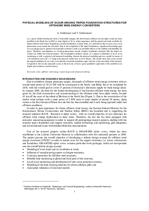 Pdf Physical Modeling Of Scour Around Tripod Foundation Structures