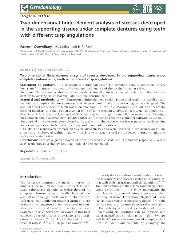 Pdf Two Dimensional Finite Element Analysis Of Stresses Developed In The Supporting Tissues