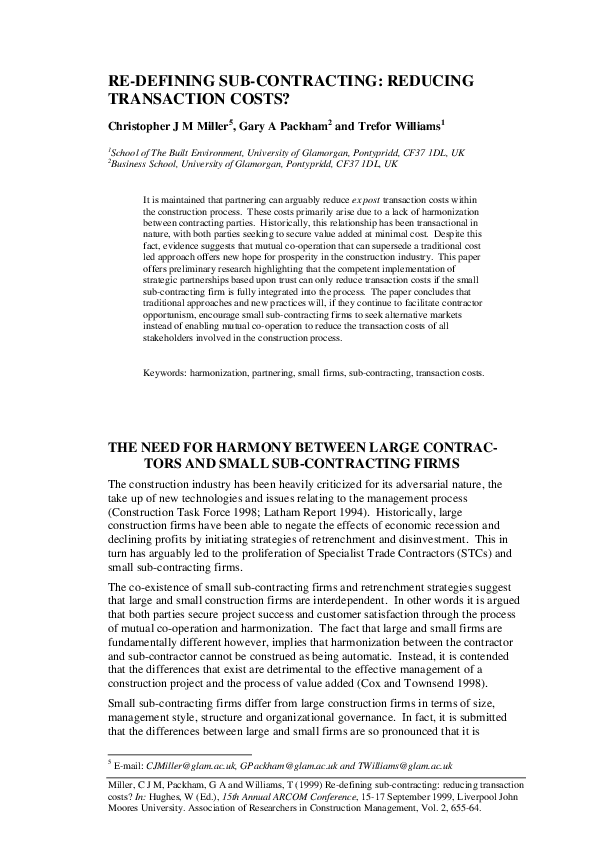 (PDF) Re-defining sub-contracting: reducing transaction costs