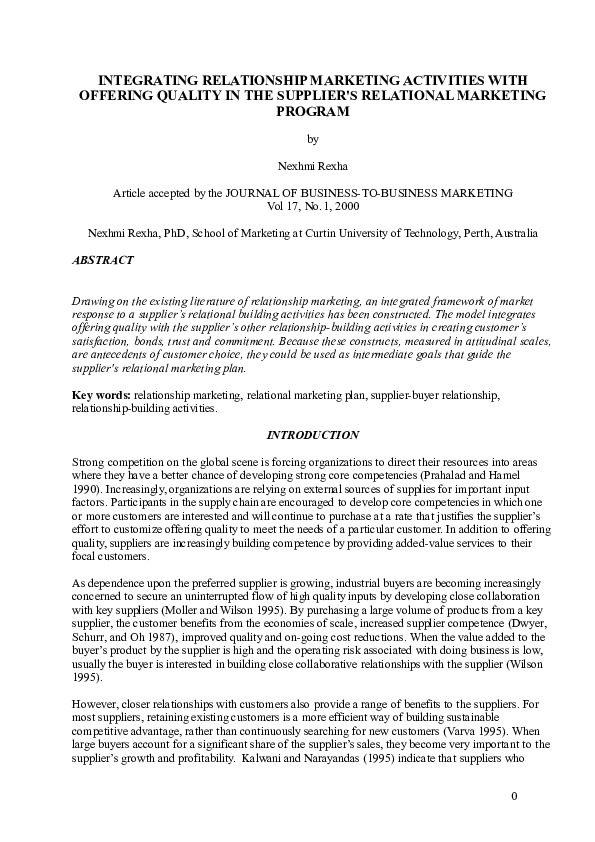 (DOC) Integrating Relationship Marketing Activities with Offering ...