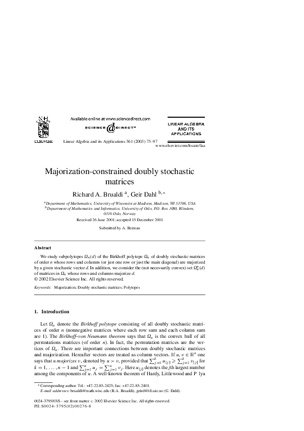 Pdf Majorization Constrained Doubly Stochastic Matrices
