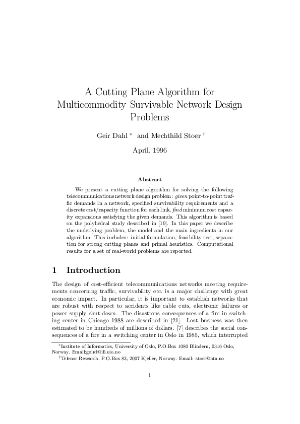 Pdf A Cutting Plane Algorithm For Multicommodity Survivable Network Design Problems