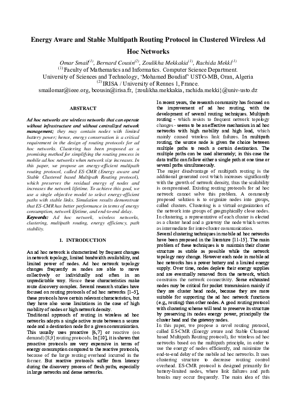 (PDF) Energy aware and stable Multipath Routing protocol in clustered wireless ad hoc networks