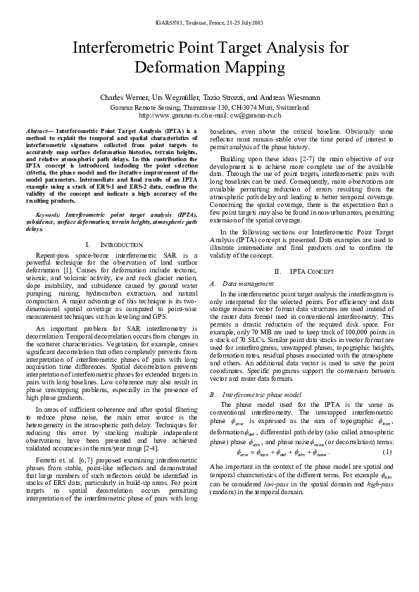 (PDF) Interferometric point target analysis for deformation mapping