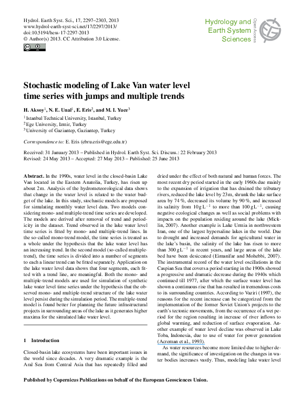 (PDF) Stochastic modeling of Lake Van water level time series with jumps and multiple trends ...