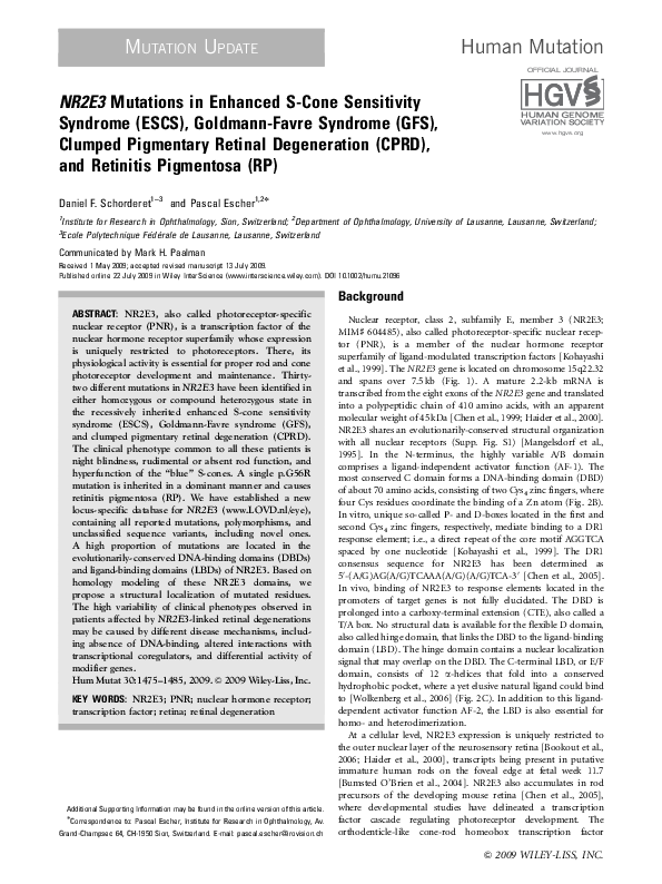 (PDF) NR2E3 mutations in enhanced S-cone sensitivity syndrome (ESCS ...