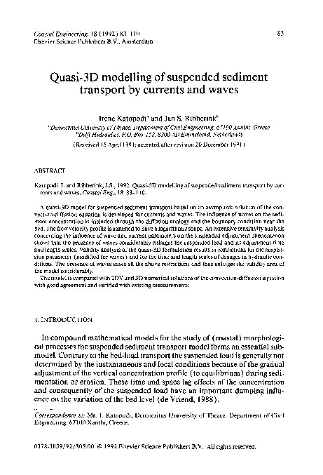 Pdf Quasi 3d Modelling Of Suspended Sediment Transport By Currents And Waves