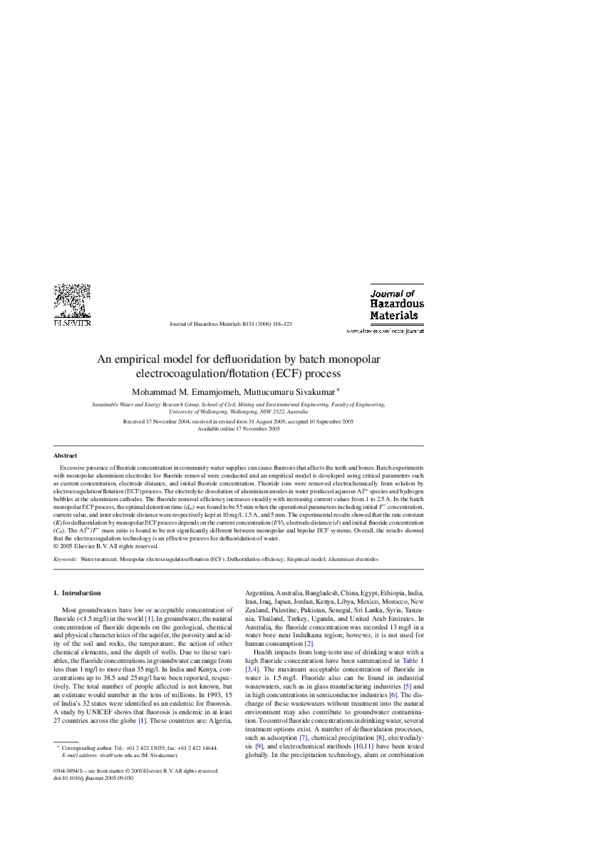 (PDF) An empirical model for defluoridation by batch monopolar ...