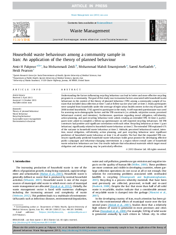 (PDF) Household waste behaviours among a community sample in Iran: An ...