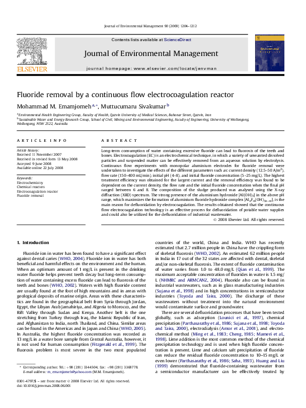 (PDF) Fluoride removal by a continuous flow electrocoagulation reactor
