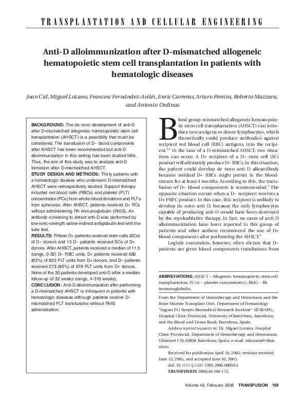 (PDF) Anti-D alloimmunization after D-mismatched allogeneic ...