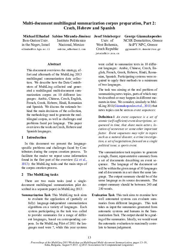 (PDF) Multi-document multilingual summarization corpus preparation, part 1: Arabic, english ...