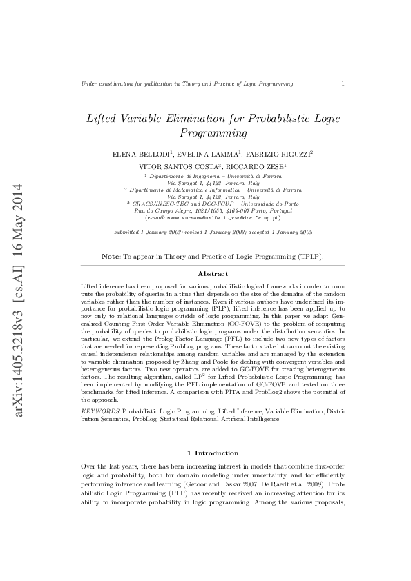 (PDF) Lifted Variable Elimination for Probabilistic Logic Programming