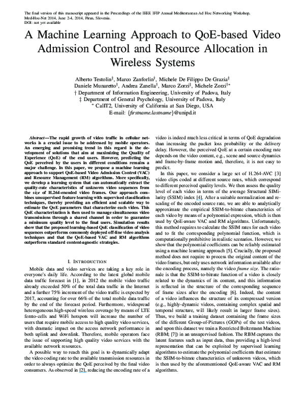 (PDF) A machine learning approach to QoE-based video admission control and resource allocation ...