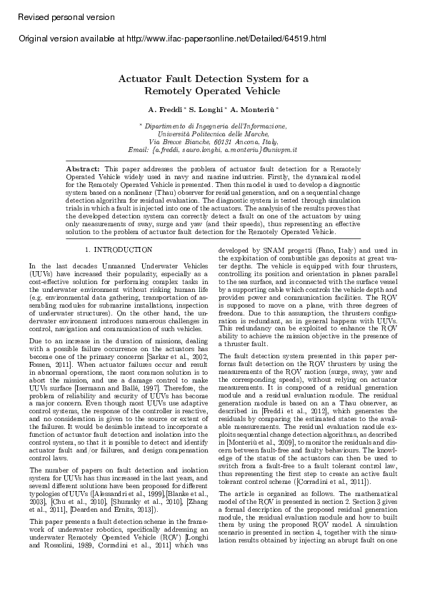 Pdf Actuator Fault Detection System For A Remotely Operated Vehicle