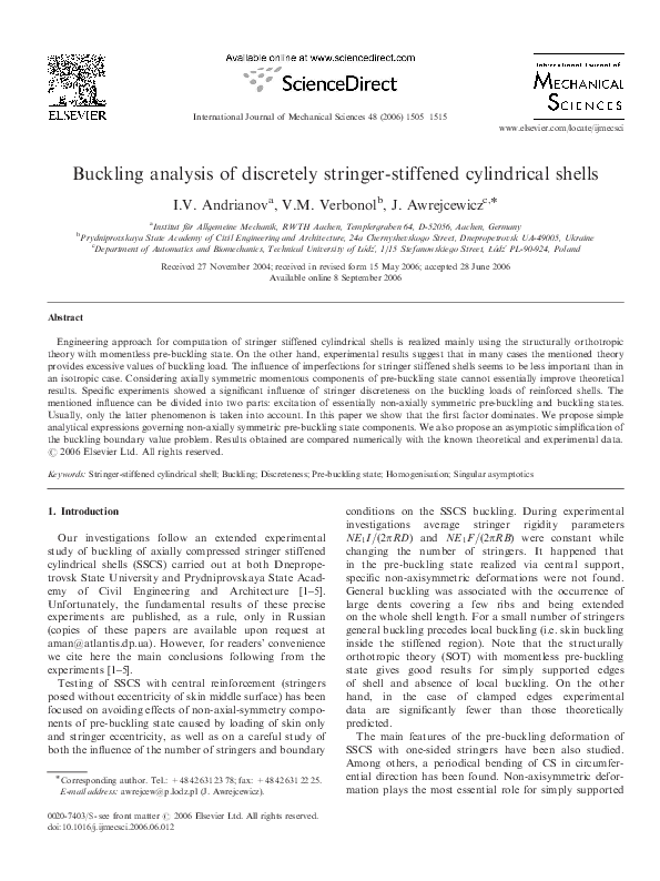 (PDF) Buckling analysis of discretely stringer-stiffened cylindrical shells