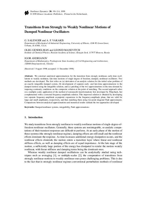 Pdf Transitions From Strongly To Weakly Nonlinear Dynamics In A Class Of Exactly Solvable