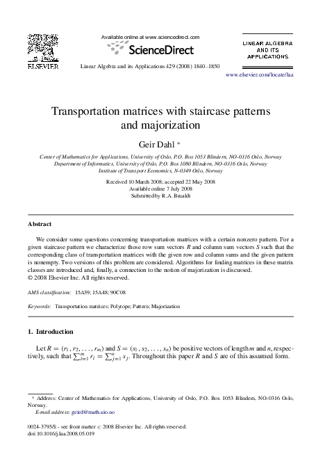 (PDF) Transportation matrices with staircase patterns and majorization | Geir Dahl - Academia.edu