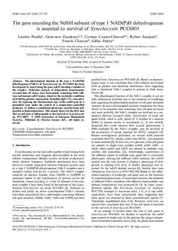 (PDF) The gene encoding the NdhH subunit of type 1 NAD(P)H ...