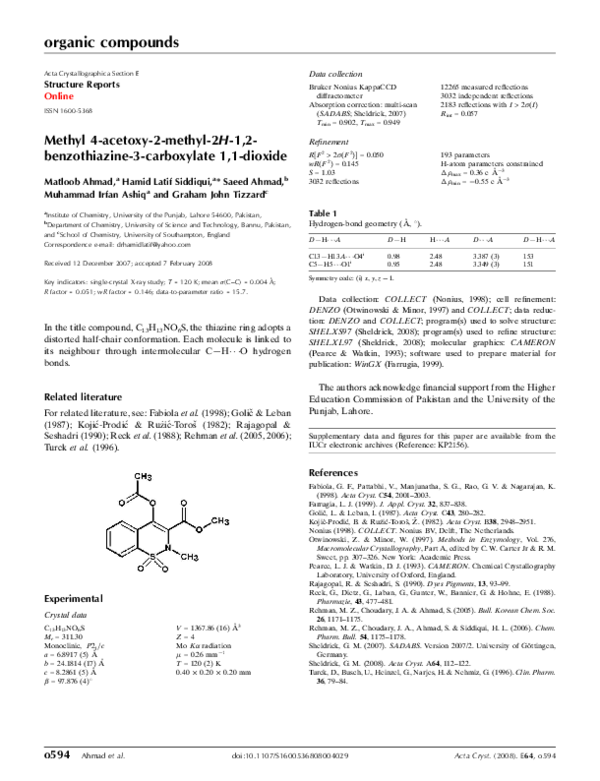 (PDF) Methyl 4-acetoxy-2-methyl-2 H -1,2-benzothiazine-3-carboxylate 1 ...