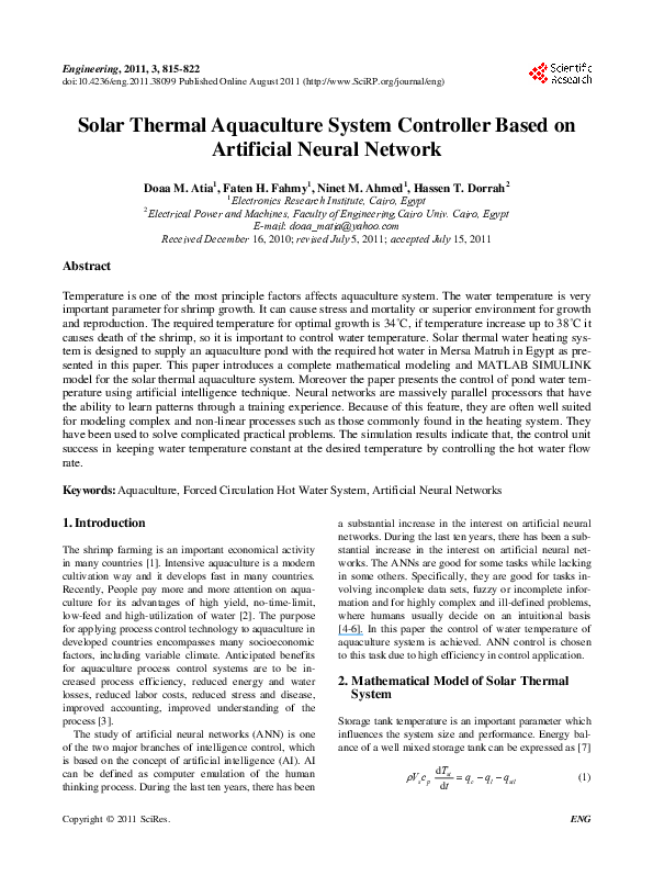 (PDF) Solar Thermal Aquaculture System Controller Based on Artificial Neural Network