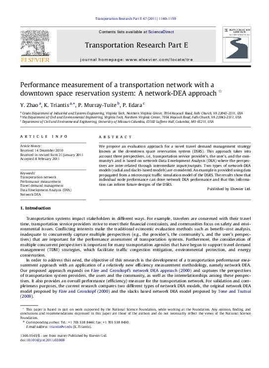 Performance measurement of a transportation network with a downtown ...