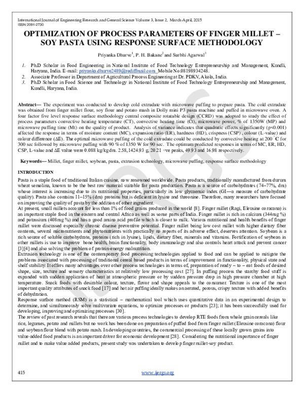 (PDF) OPTIMIZATION OF PROCESS PARAMETERS OF FINGER MILLET – SOY PASTA USING RESPONSE SURFACE ...