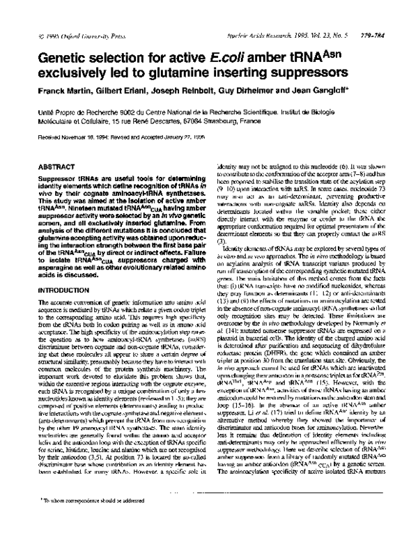 Genetic selection for active E.coli amber tRNA Asn exclusively led to ...