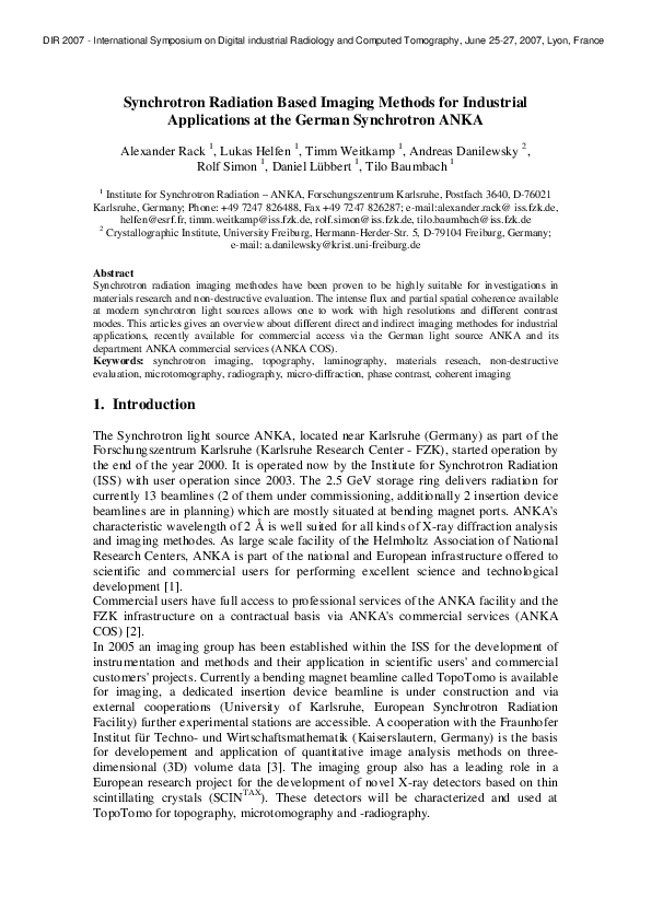 (PDF) Synchrotron Radiation Based Imaging Methods for Industrial Applications at the German ...