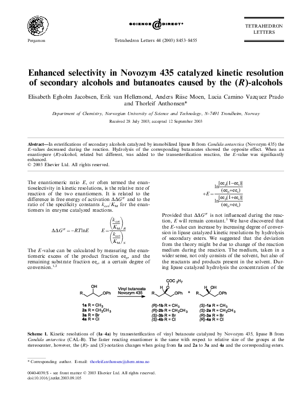 (PDF) Enhanced selectivity in Novozym 435 catalyzed kinetic resolution ...