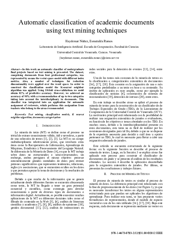 Pdf Automatic Classification Of Academic Documents Using Text Mining