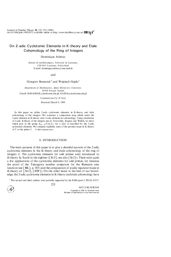 (PDF) On 2-adic Cyclotomic Elements in K-theory and Étale Cohomology of ...