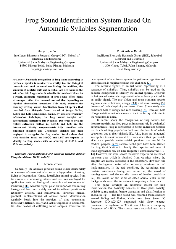 (PDF) Frog Sound Identification System Based On Automatic Syllables Segmentation
