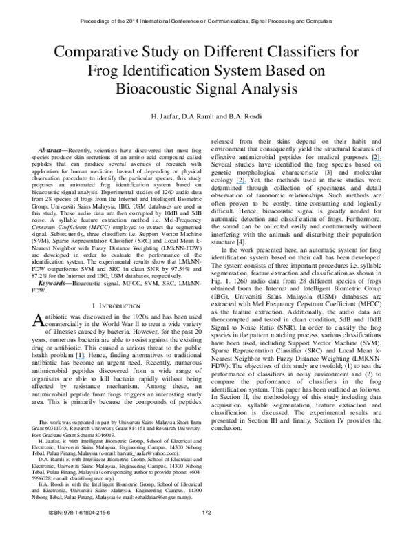 (PDF) Comparative Study on Different Classifiers for Frog Identification System Based on ...